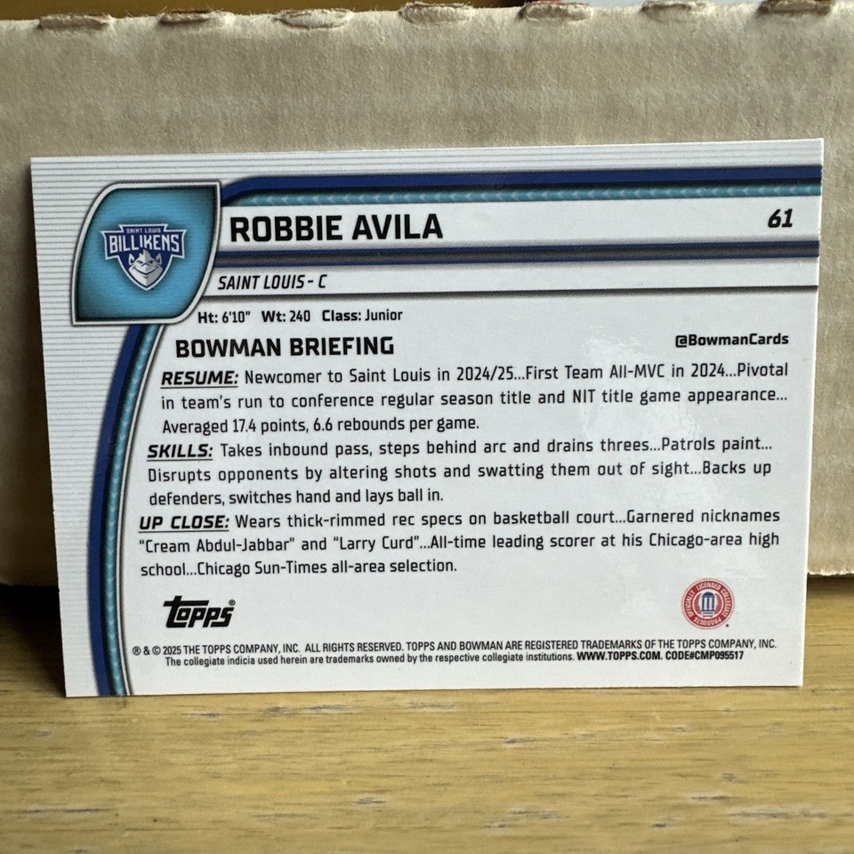 2025 Topps 1st Bowman U Chrome Purple Lava Robbie Avila #61 Saint Louis ...