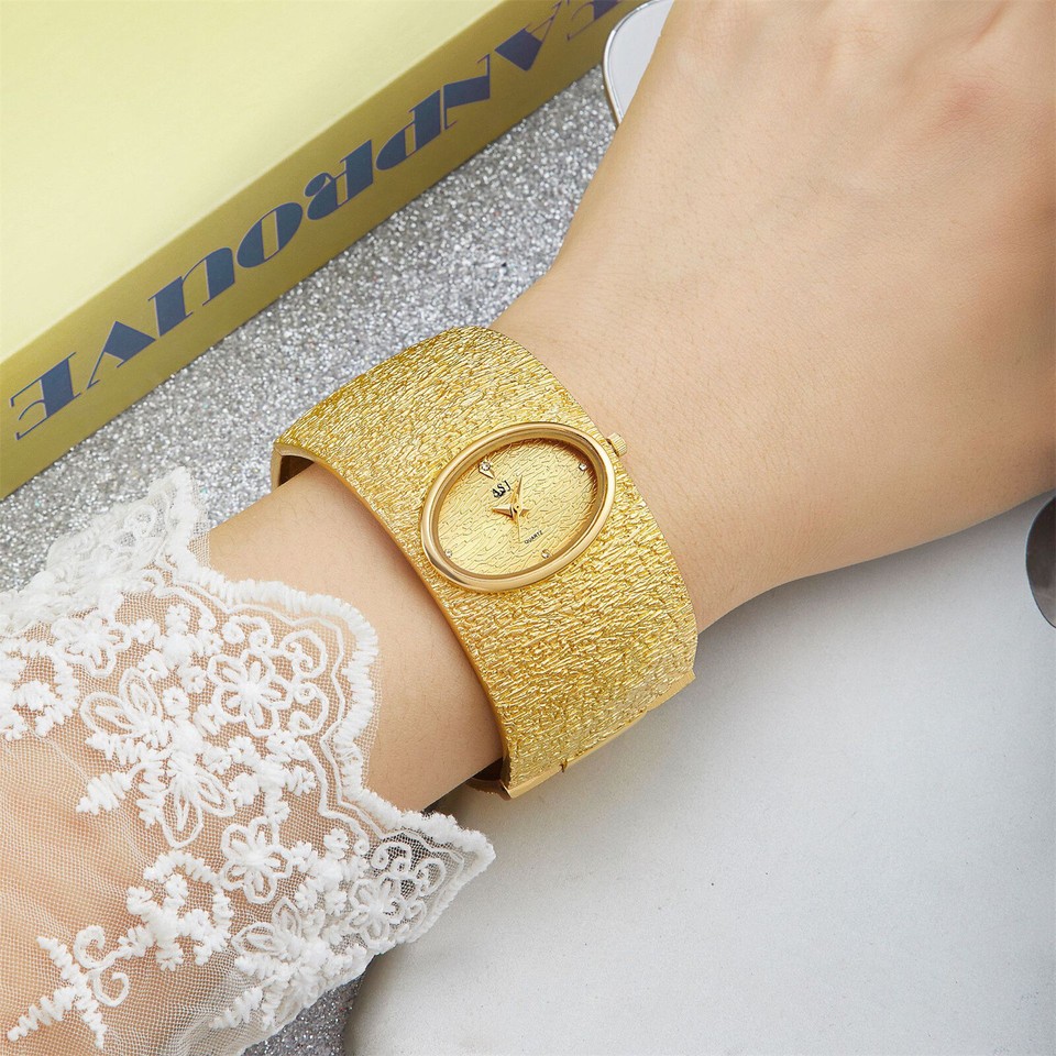 Womens Luxury Gold Chunky Oval Quartz Wrist Watch Wide Bangle Cuff Open ...