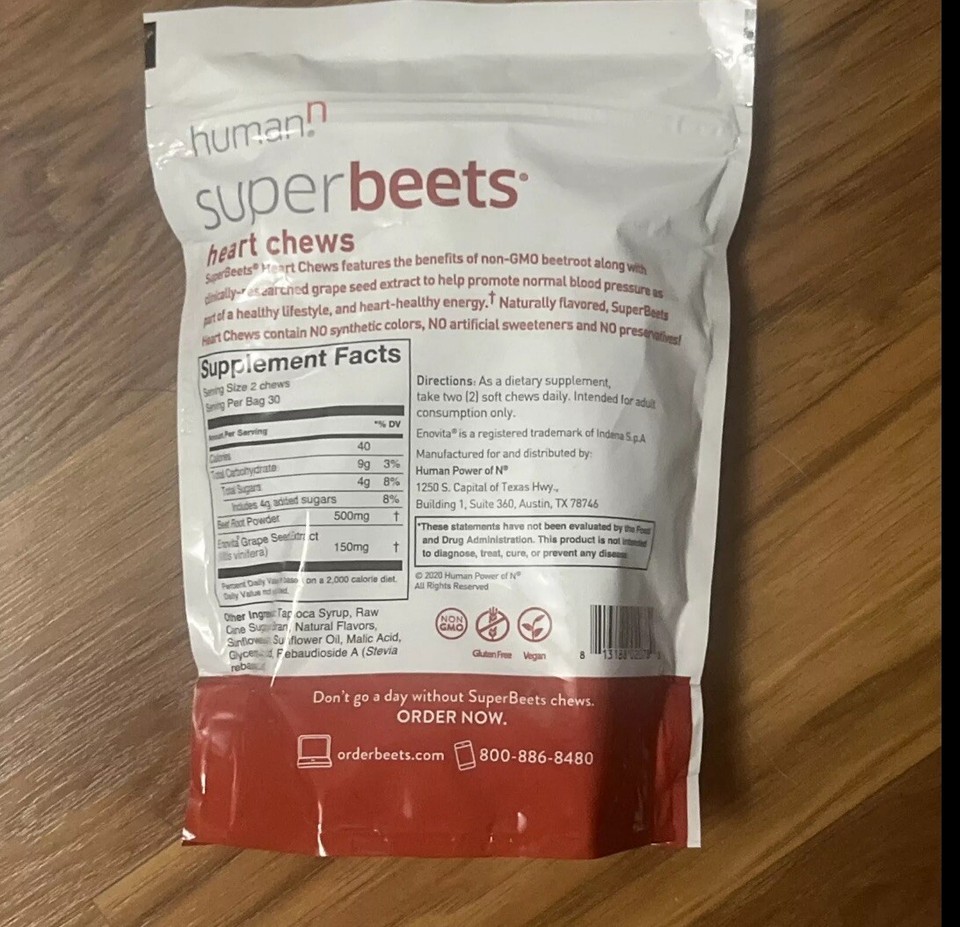 SuperBeets HumanN Heart Chews Pomegranate 60 Ct/30 day supply New ...