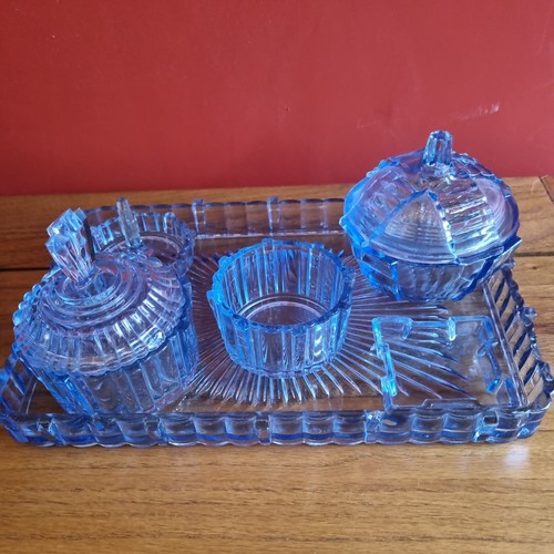 Vintage Art Deco Glass Dressing Table Vanity Set Blue Glass Pre-owned ...