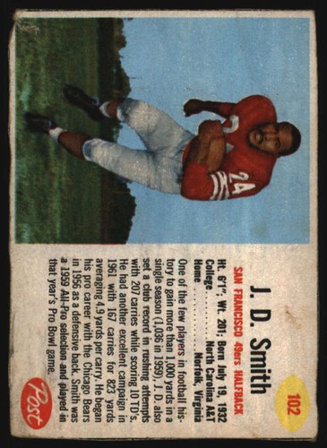 1962 Post Cereal #102 J.D. Smith FAIR 49ers 572039 | eBay
