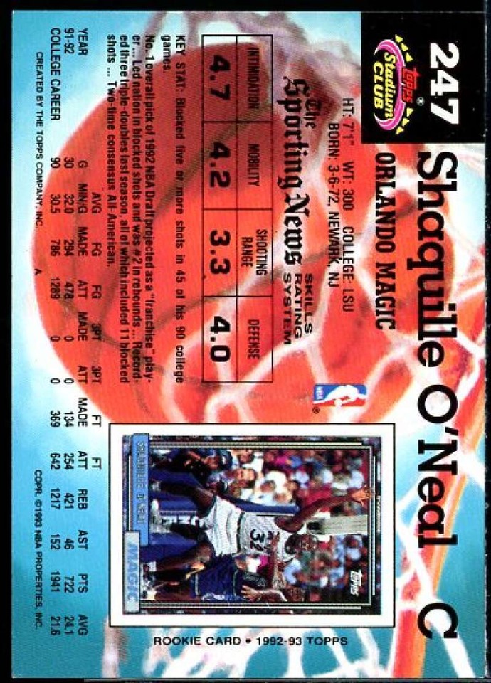 Shaquille O'Neal Rookie Card 1992-93 Stadium Club #247 | eBay