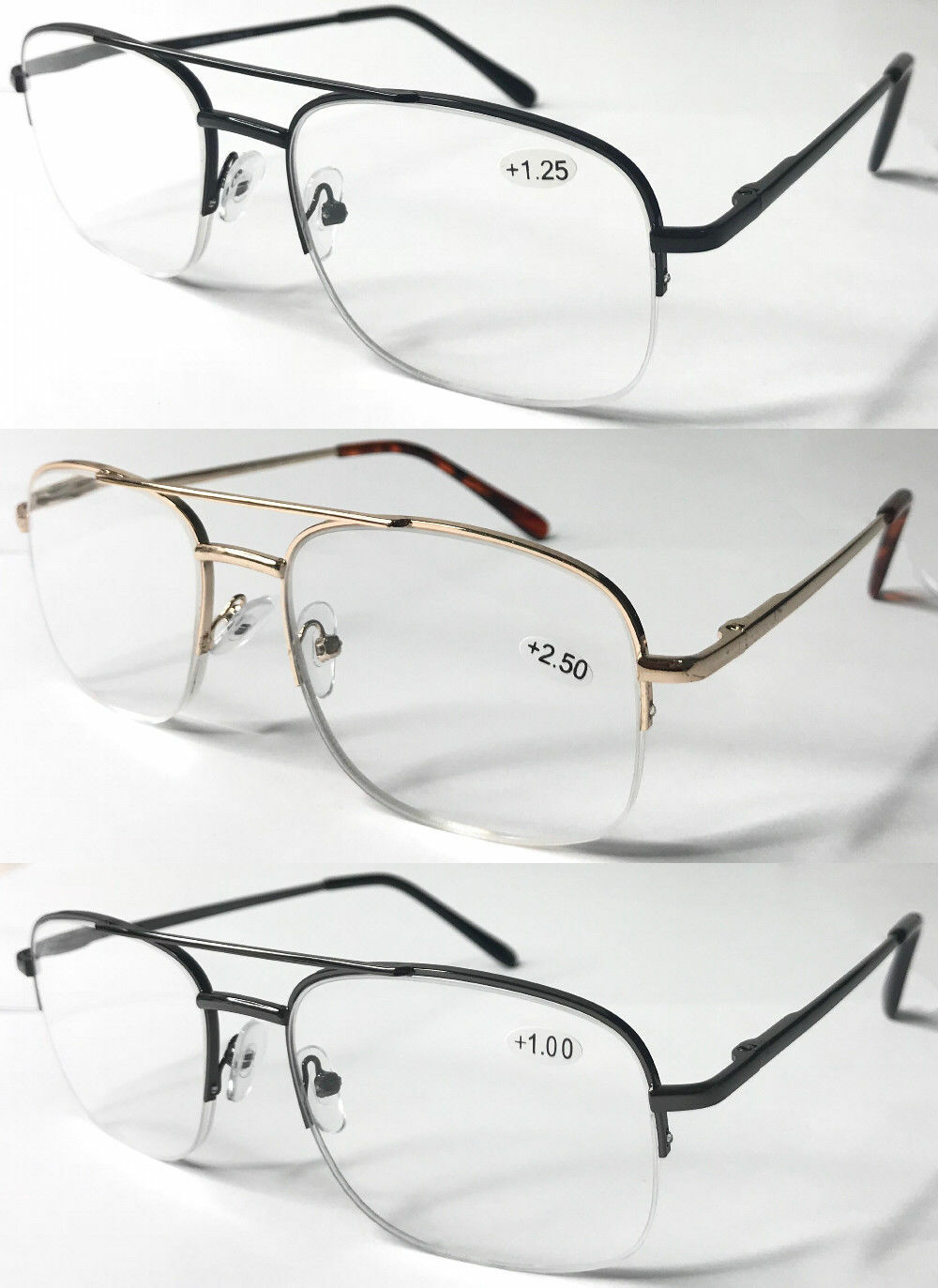 S91 Classic Semi-Rimless Double Bridge Large Frame Reading Glasses ...