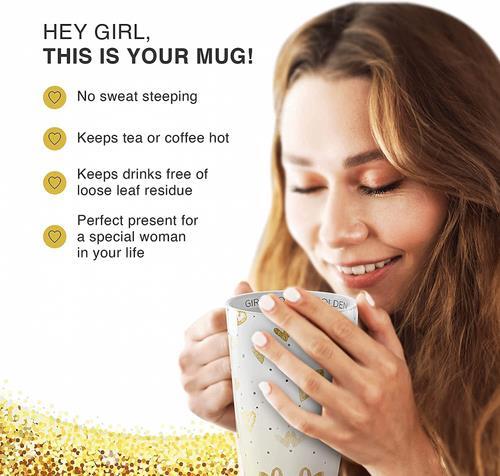 Hey Girl Tea Cup with Infuser and Lid - Double-Walled Insulation & Gold ...