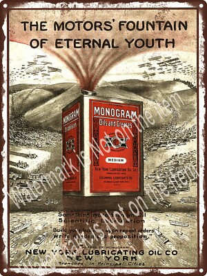 1919 Monogram Motor Oil Grease Square Can Columbia Metal Sign 9x12 A563 ...