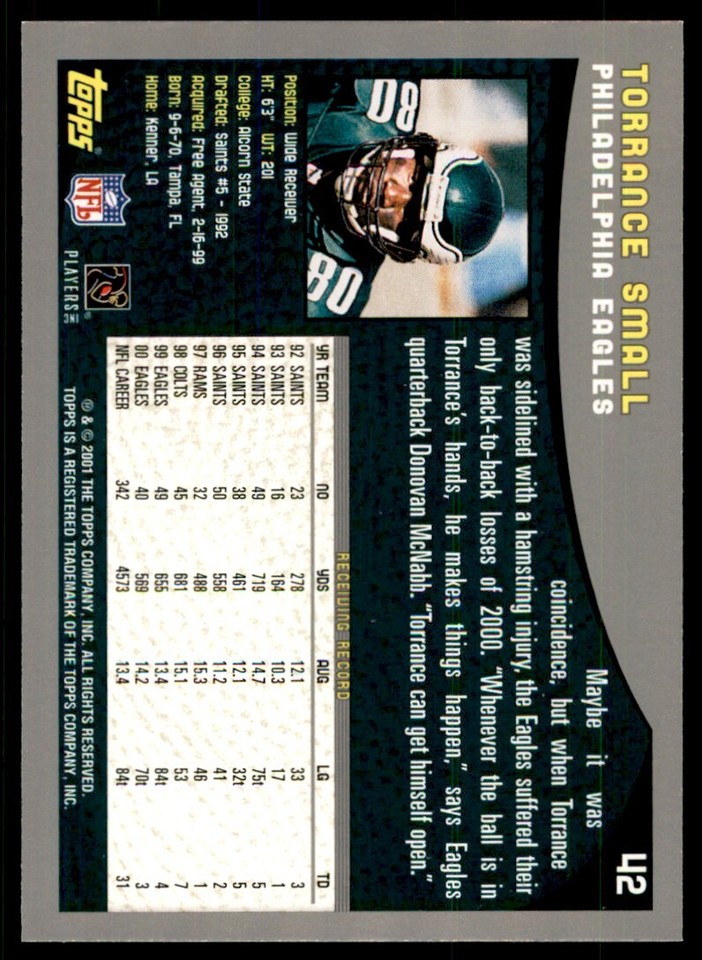 2001 TOPPS TORRANCE SMALL PHILADELPHIA EAGLES #42 | eBay