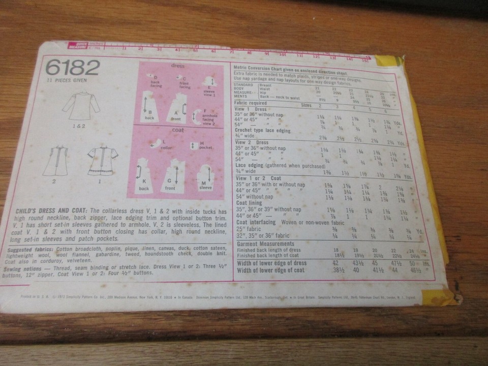 VTG 73 SIMPLICITY 6182 Tdlr Girls Lined Coat & Front Tucked Dress ...