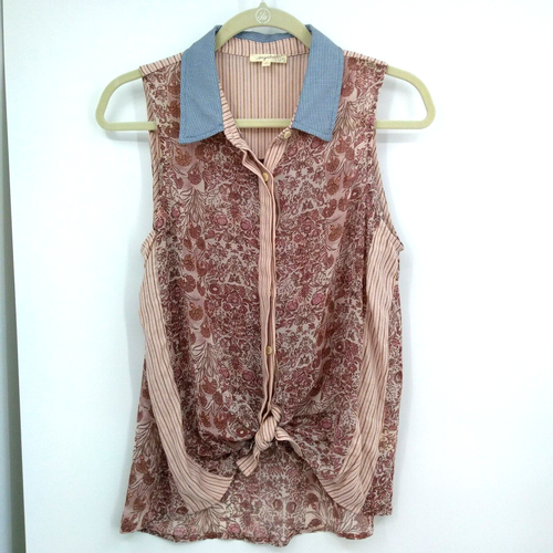 Mystree Blouse Top Size Medium Pink Blue Floral Stripe Sleeveless Sheer ...