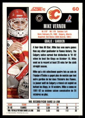1992-93 Score Canadian Mike Vernon Calgary Flames #60 | eBay
