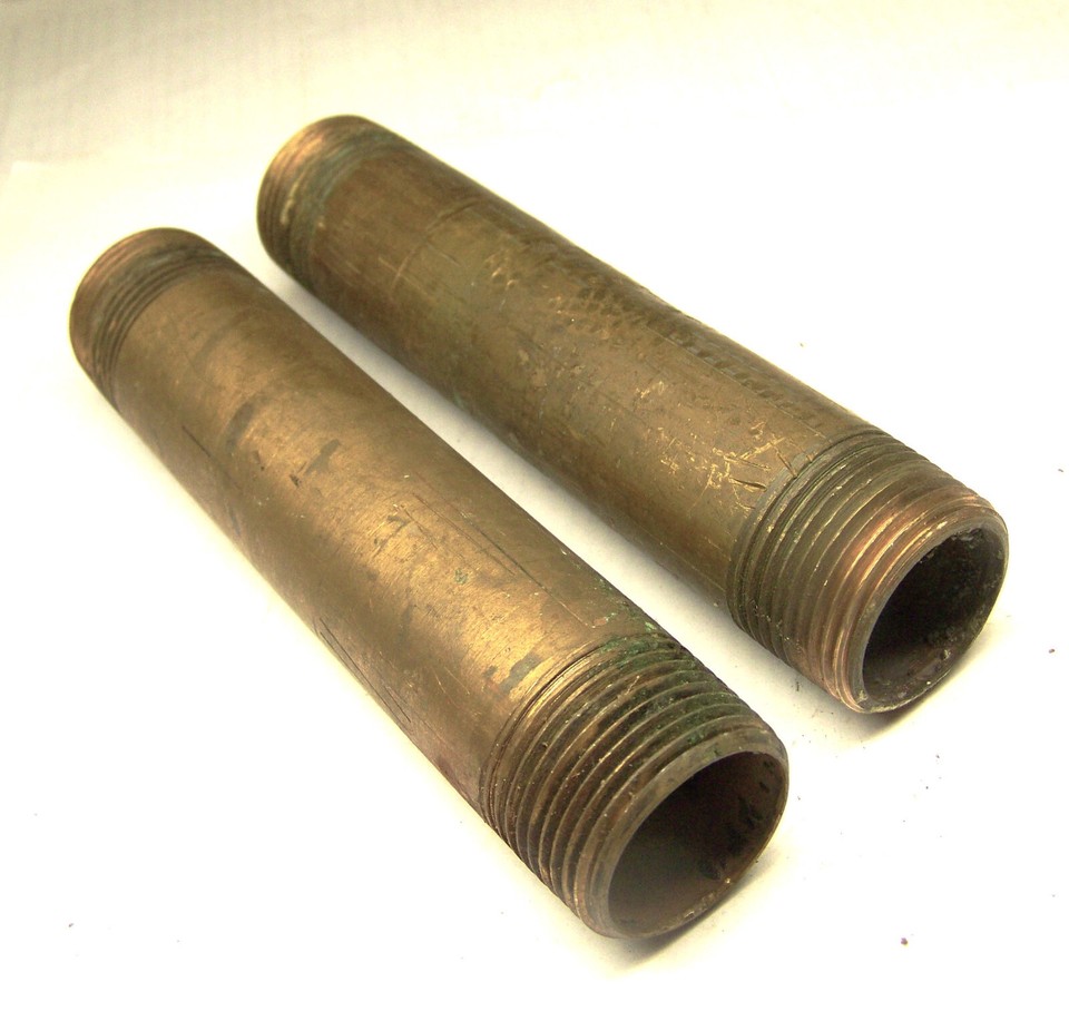 2 USED BRASS 1" NPT X 6" L NIPPLE SOME TARNISH NICKS LIME THREAD SEAL ...