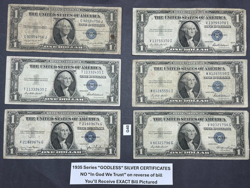 Lot of SIX (6) GODLESS 1935 Blue Seal $1 One Dollar Bill Silver ...