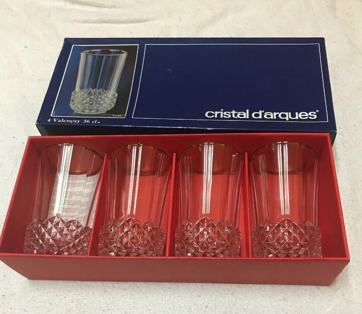 4 VTG CRISTAL D’ARQUES ARC CRYSTAL TUMBLERS GLASSES LOT VALENCAY GOLD ...