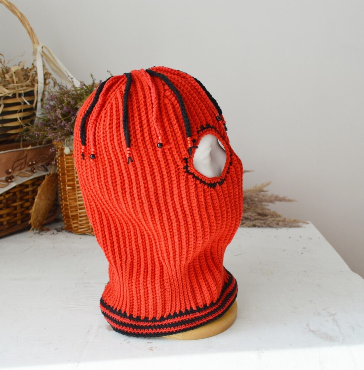 Custom knitted black red balaclava ski mask dreadlocks women men ...