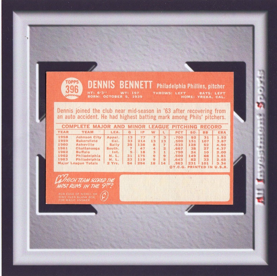1964 Topps DENNIS BENNETT #396 NM-MT *amazing baseball card for your ...