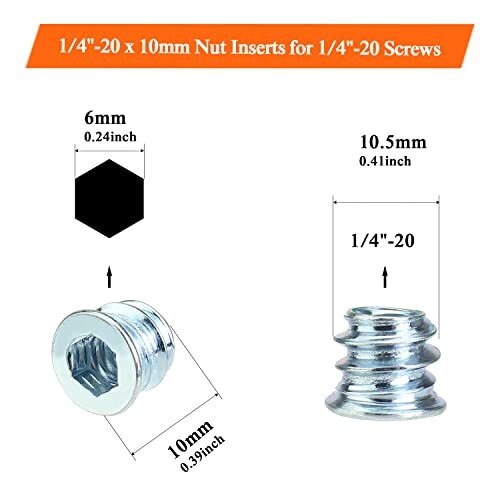 100 Pieces 1/4"20 X 10mm Threaded Inserts With Hex Wrench For Wood ...