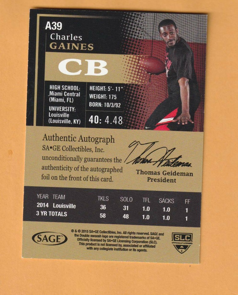 Charles Gaines Louisville Cardinals AUTO 2015 Sage Hit 3Q | eBay