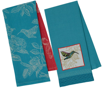 2 Hummingbird Towels Floral Kitchen Towel Blue Cotton Dishtowel ...