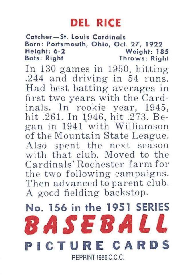 1986 Card Collectors Company 1951 Bowman Reprint #156 Del Rice NM-MT ...