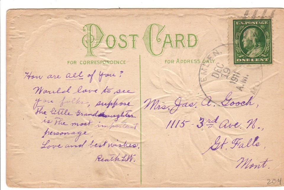 Vintage Postcard Christmas Greeting post 1911 Emden Mo To Miss Jas A ...