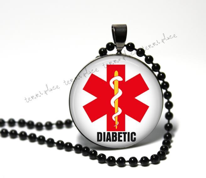 Diabetic Medical Condition Alert Necklace Glass Pendant Black Setting ...