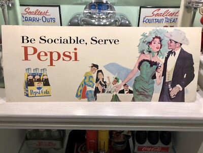 VINTAGE Pepsi Cola 50s 60s Cardboard Advertising Sign * Be Sociable ...