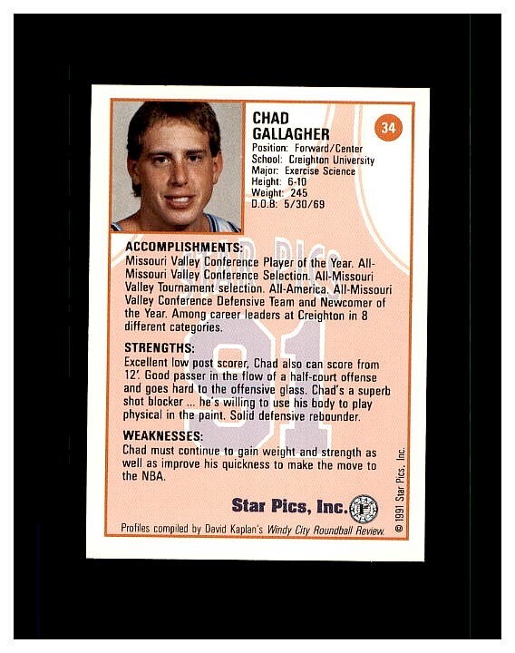 1991-92 Star Pics Chad Gallagher Creighton Bluejays #34 | eBay
