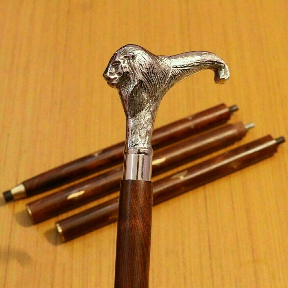 ANTIQUE 3 FOLD KING LION HEAD HANDLE BRASS FINISHED W… - Gem