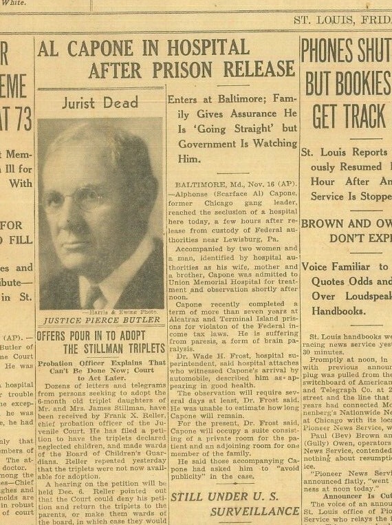 Al Capone Released Alcatraz Admitted to Hospital Baltimore November 17 ...