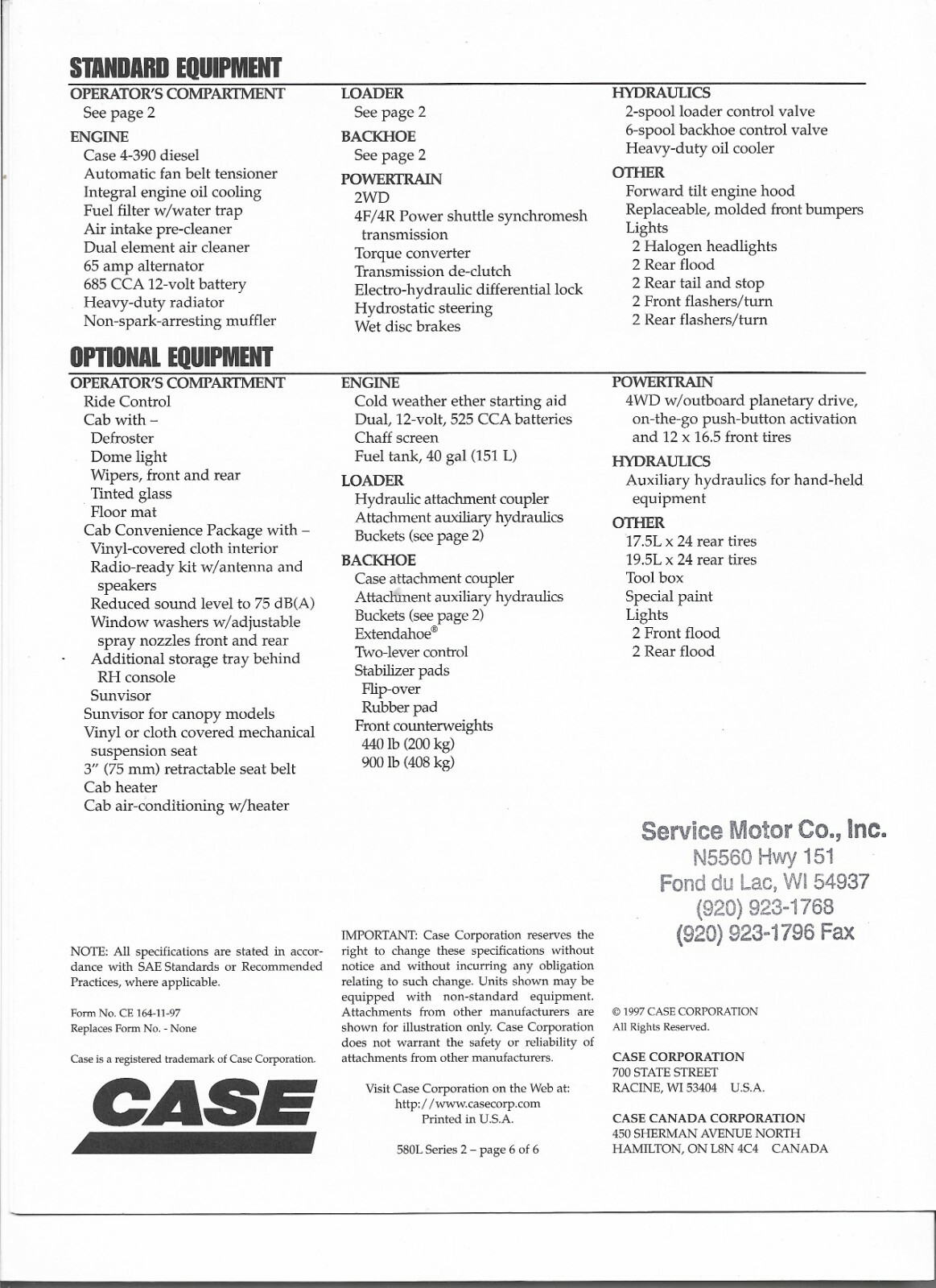 Original Case 580L Series 2 Loader Backhoe Specifications Spec Sheet ...