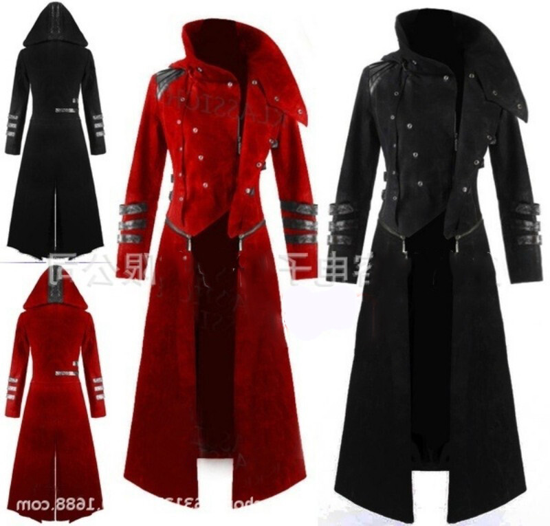 Men's Hooded Steampunk Military Trench Coat Long Jacket Gothic Overcoat ...