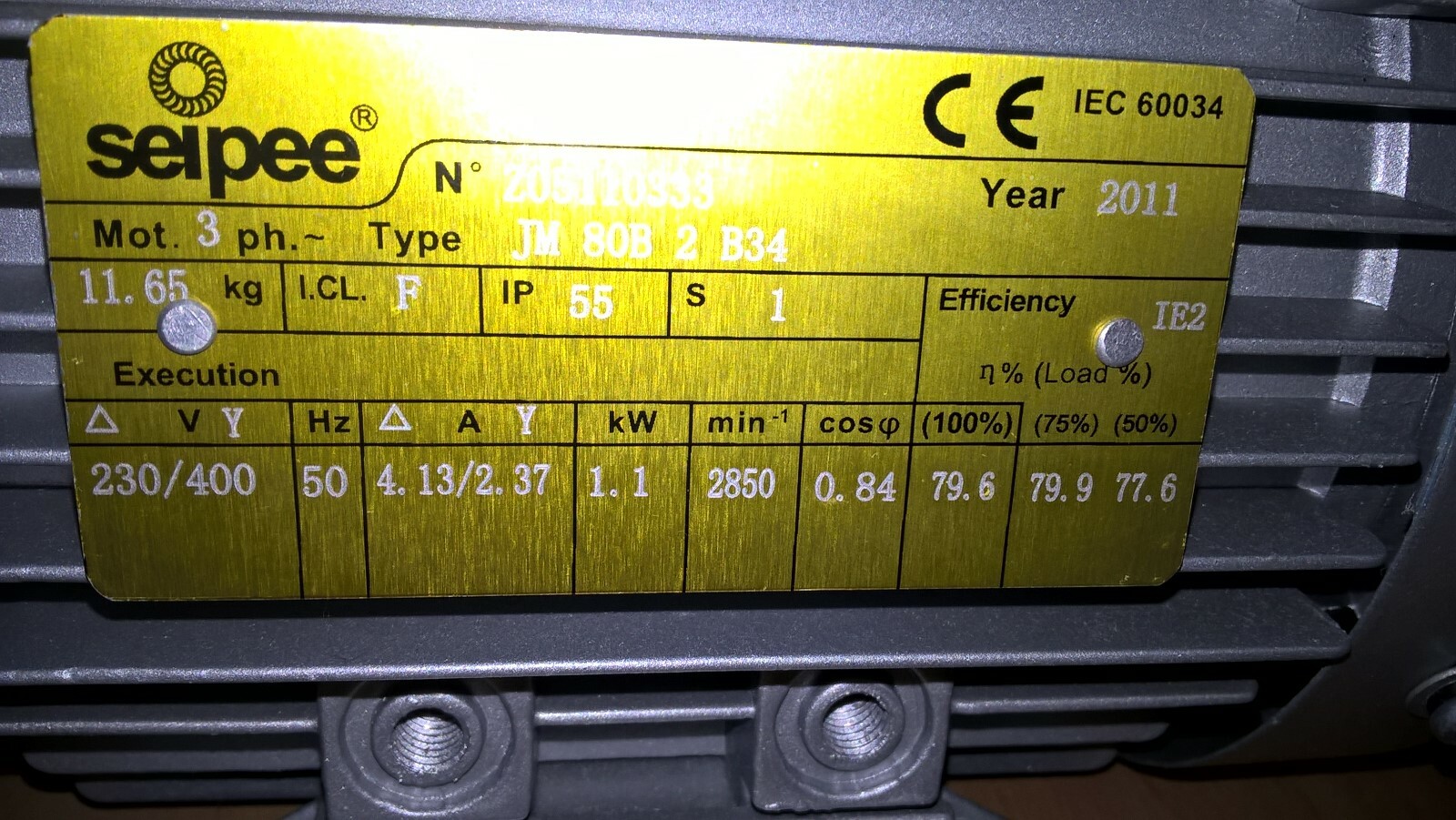 Seipee JM 80B 2 B34 3 Phase Electric Motor 1.1 kW IP55 I CLASS F 2 ...