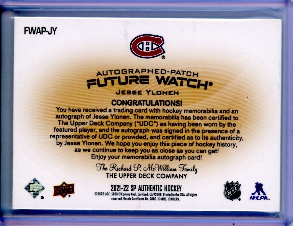 2021-22 SP Authentic Future Watch #FWAPJY Jesse Ylonen RC PATCH AUTO ...