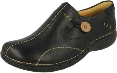 Clarks Un Loop Black Leather Womens Flat Slip On Comfort Walking Shoes ...