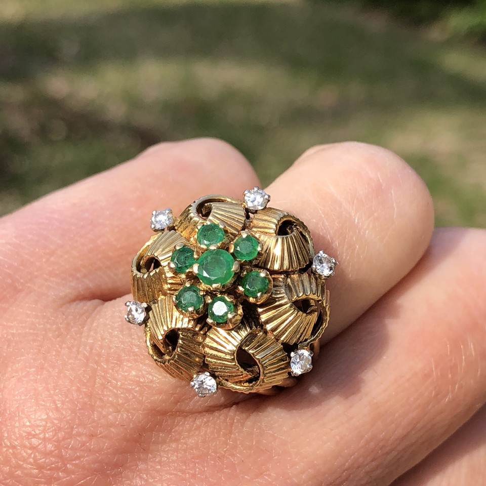 Diamond Emerald Love Knot Ring Estate Fine Jewelry Retro Pre-Owned 18K ...