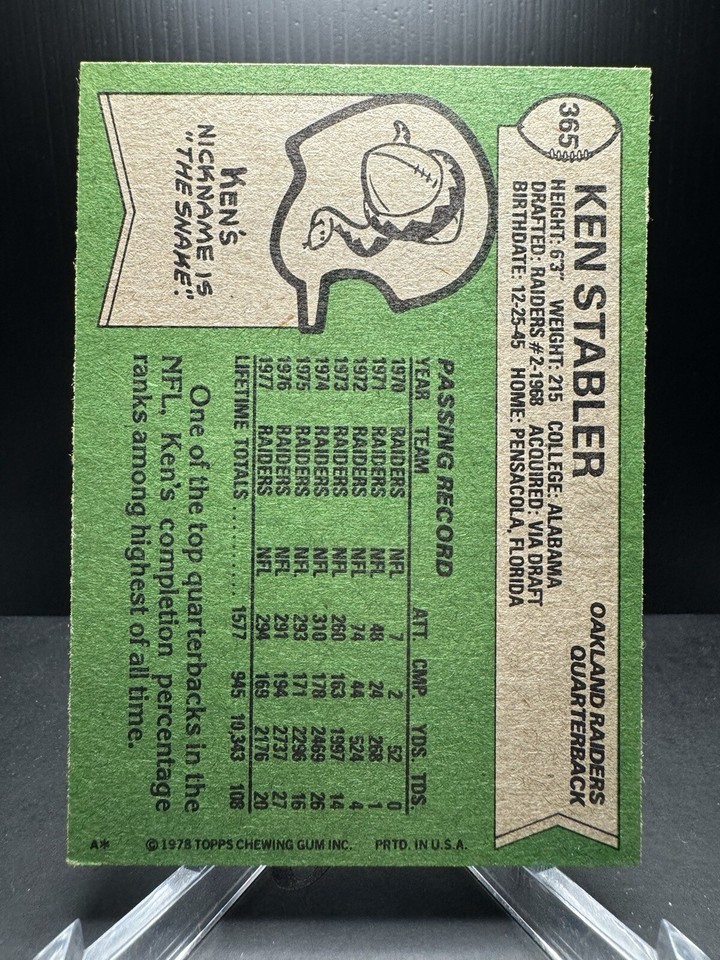 1978 Topps Football Card #365 Ken Stabler Oakland Raiders | eBay