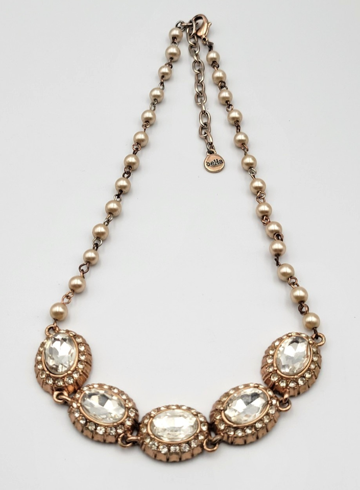 Bella Jack Rhinestones Faux Pearls Statement Necklace Rose Gold Tone 17 ...