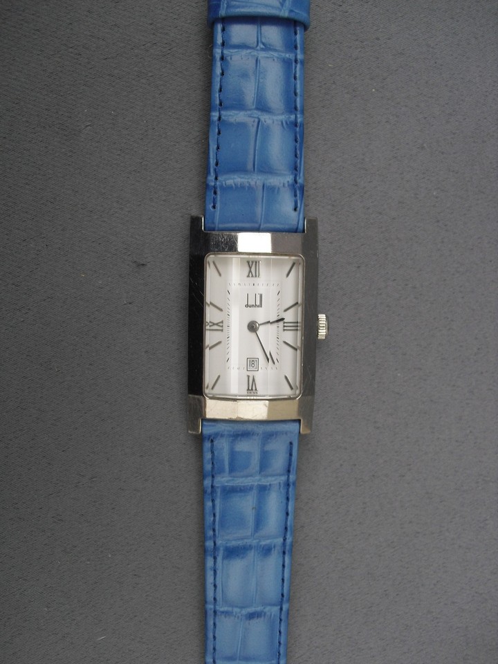 Dunhill white face date watch bevel glass face rectangular blue strap ...