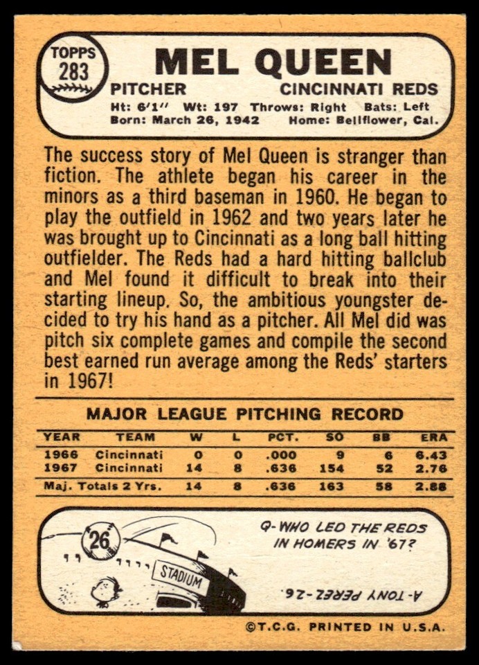 1968 Topps Mel Queen Cincinnati Reds #283 | eBay