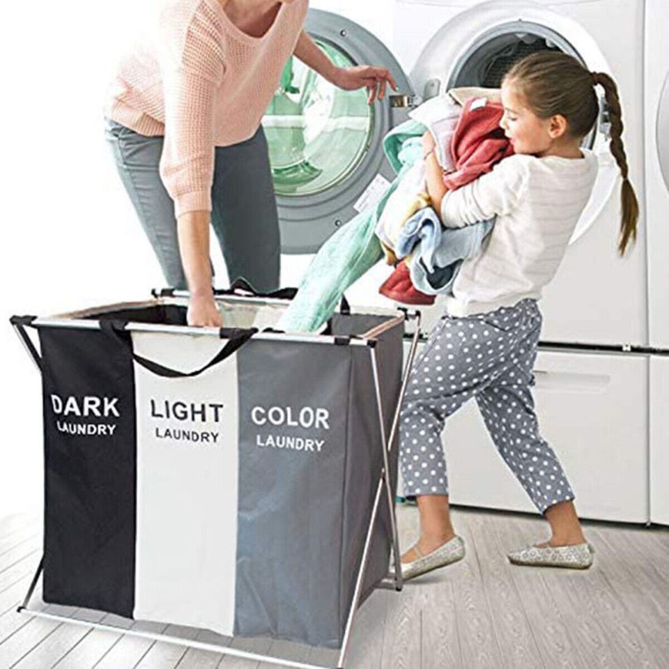 2 / 3 COMPARTMENT LAUNDRY CLOTHES WASHING STORAGE BASKET HAMPER DARK ...