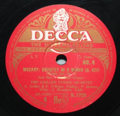 12" 78 - The Griller String Quartet - Mozart, Quartet in D Minor ...