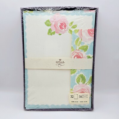 WATERCOLOR ROSES SET Hallmark Cards Boxed Stationary Pink Aqua Green ...
