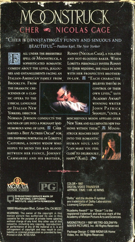 Moonstruck - (VHS, 1988) Movie / Video - NICOLAS CAGE / CHER ...