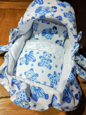 10" HOODED CARRY CRIB/COT/PROP FOR REBORN/DOLLY APRROX 8" WHITE/ BLUE ...