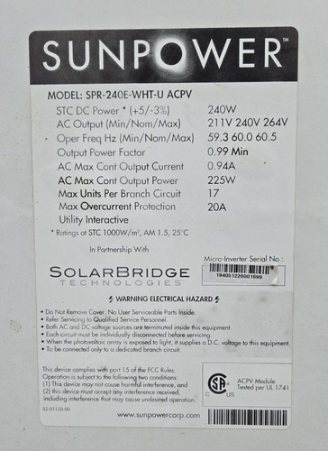 Sunpower Solar Panels 240W Lot of 30 Pieces. SPR-240E-WHT-U ACPV | eBay