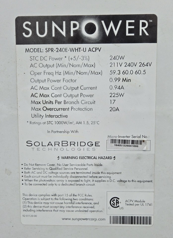 Sunpower Solar Panels 240W Lot of 30 Pieces. SPR-240E-WHT-U ACPV | eBay