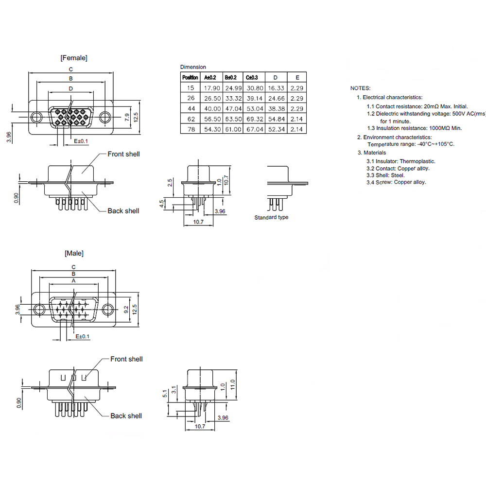 5Pcs HD D-SUB 62 Pin Male Solder Type Adapter Connector 3 Rows Adapter ...