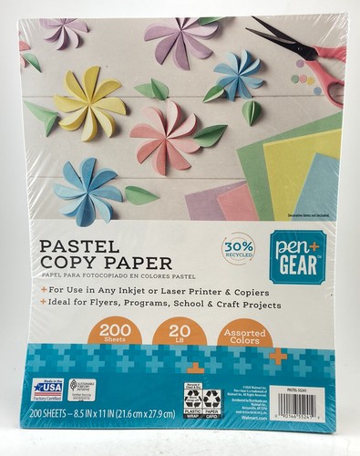 Pen+Gear 200-Sheets PASTEL COPY PAPER ASSORTED COLORS 20-LB 8.5" x 11 ...
