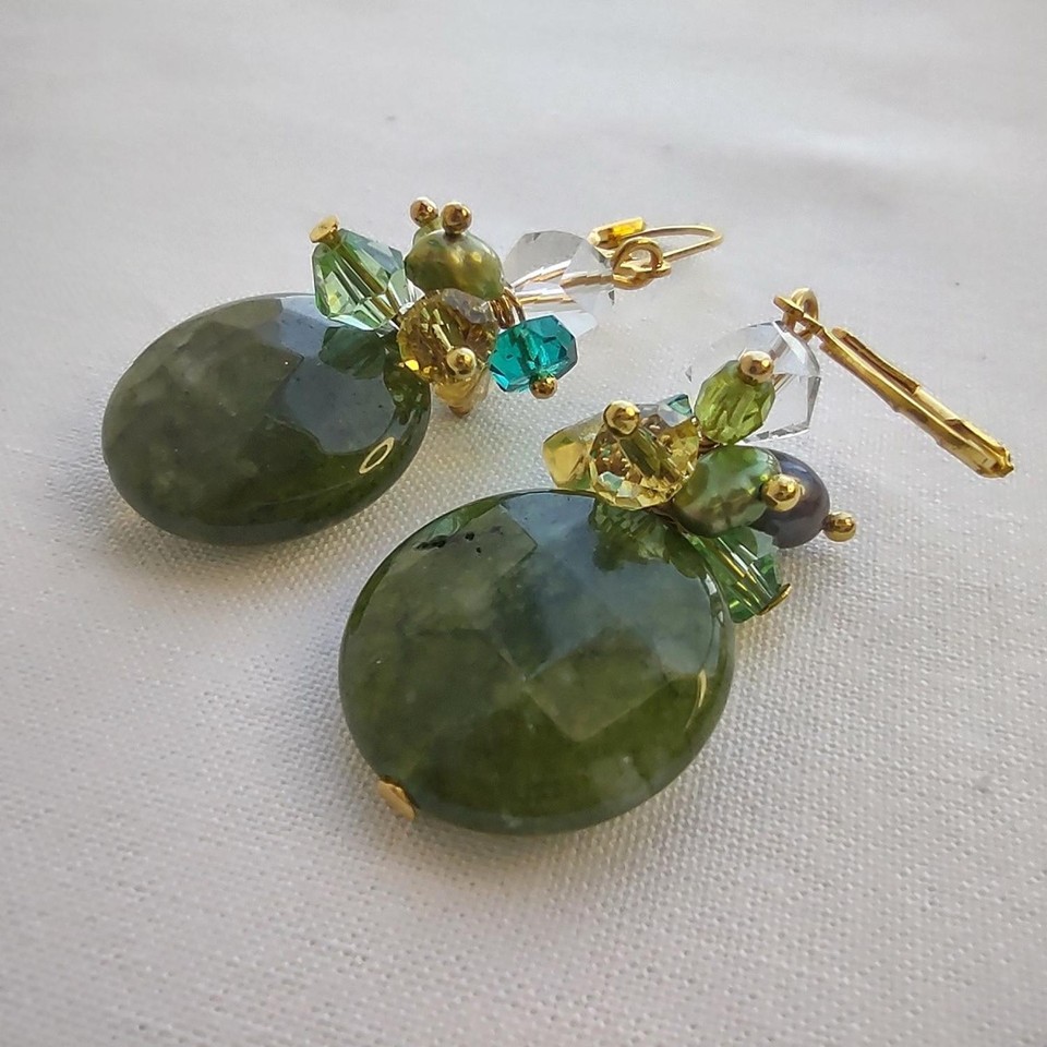 Handmade Bauble Gem / Glass / Pearl Mix Gold Tone Chandelier Earrings ...