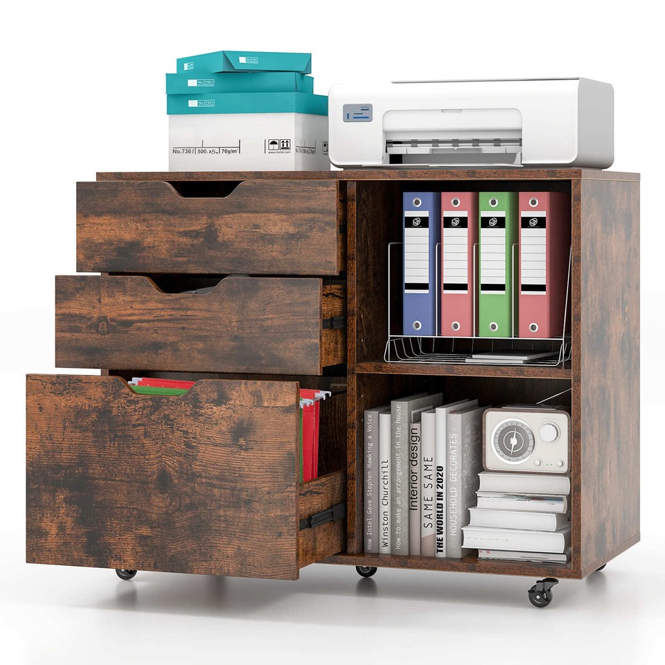 COSTWAY Mobile File Cabinet Printer Stand Cabinet on Wheels w/3 Drawers ...