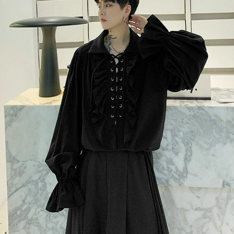 Men Ruffle Shirts Blouse Tops Lace Up Retro Gothic Flare Sleeve ...